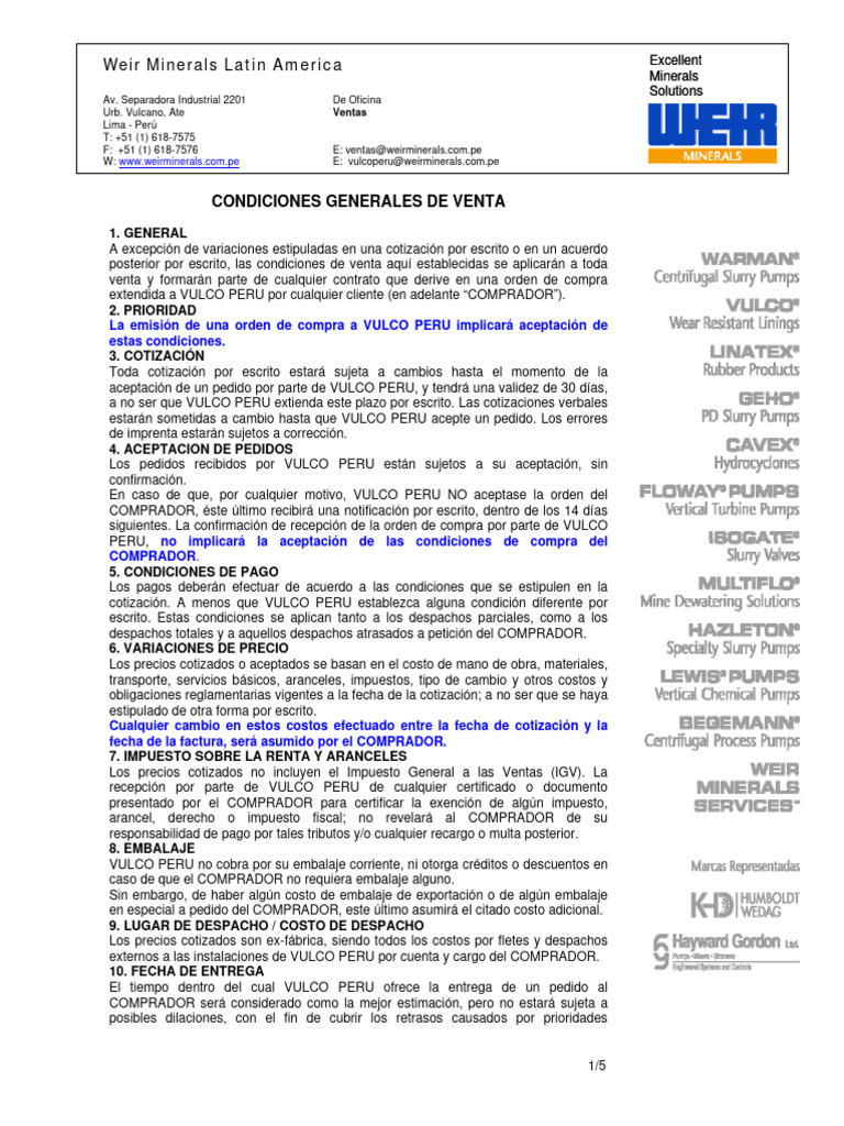 Terminos y Condiciones Generales de Venta | PDF | Perú | Patentar