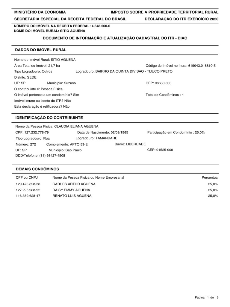 ITR 2020 ORIGI Declaracao | PDF | Impostos | Economias