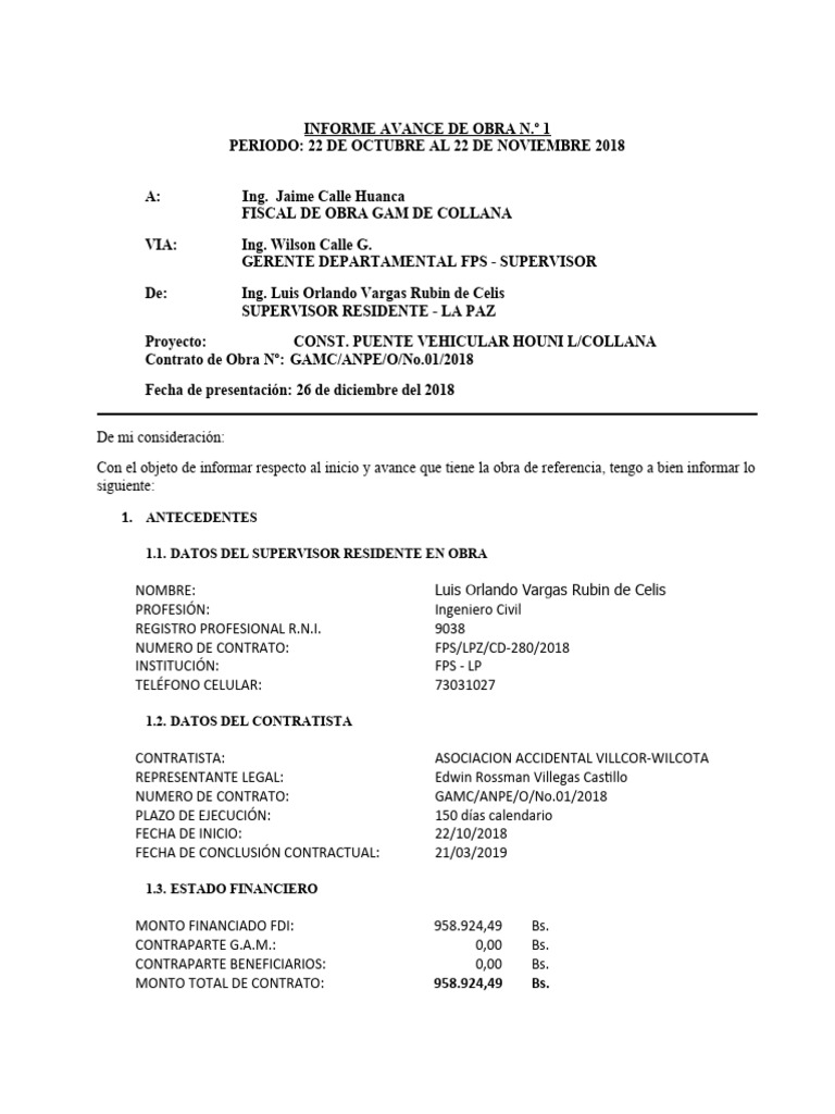 Informe Avance Obra Puente Houni 2018 | PDF