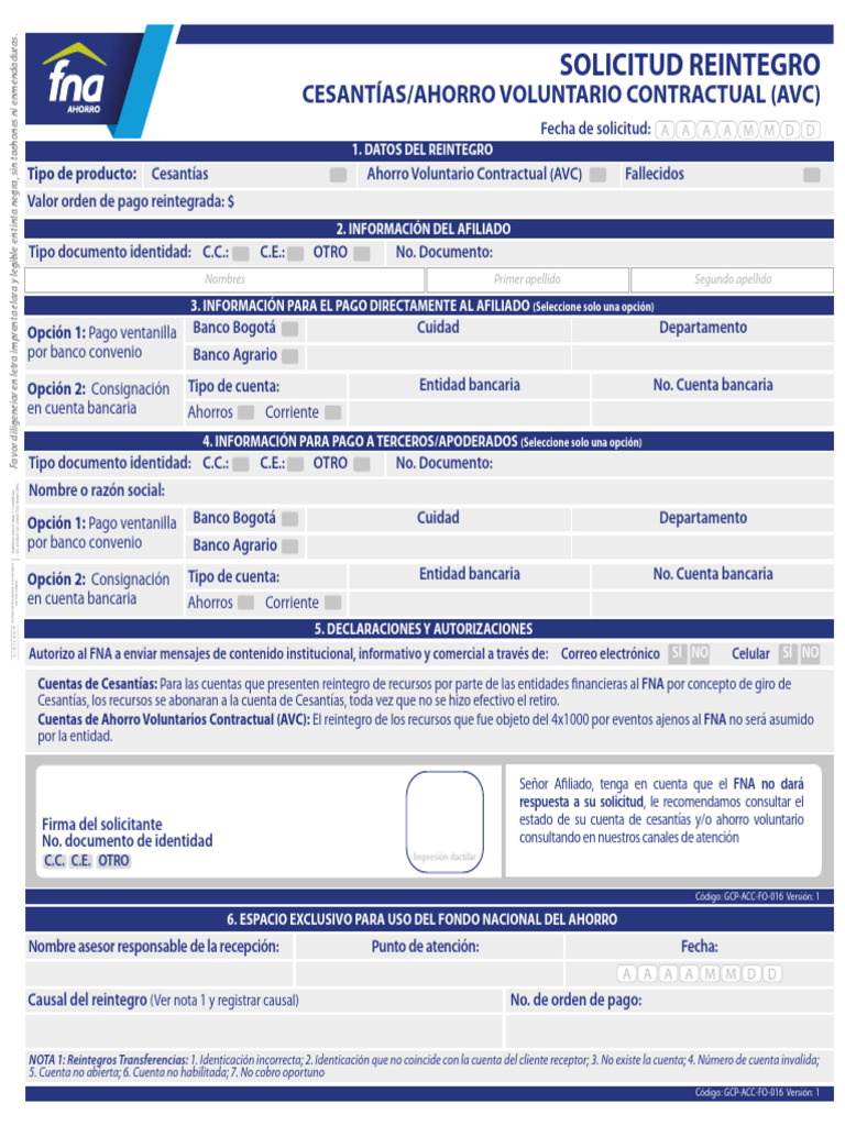 Formulario Solicitud de Reintegro Cesantias y Avc | PDF | Bancos ...