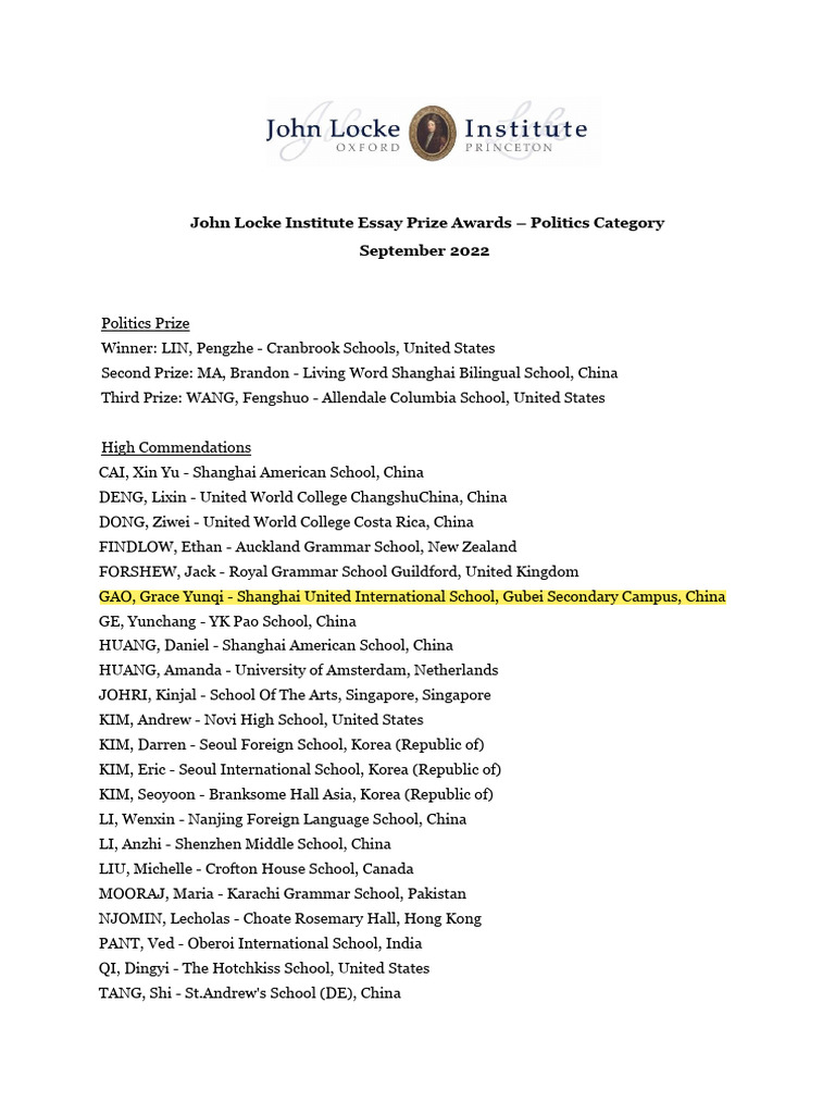 2022 John Locke Politics Essay Winners | PDF