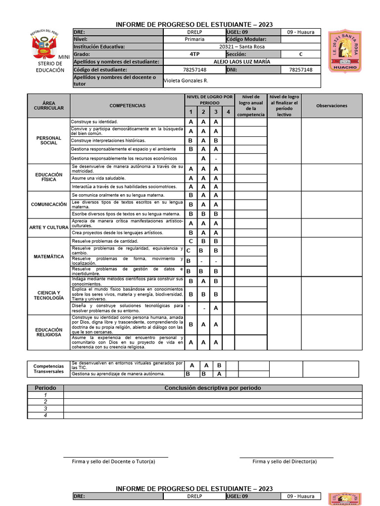 Informe de Progreso de Aprendizaje de Los Estudiantes Noviembre 2023 ...