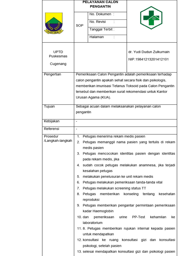 SOP Pelayanan Calon Pengantin di Puskesmas | PDF