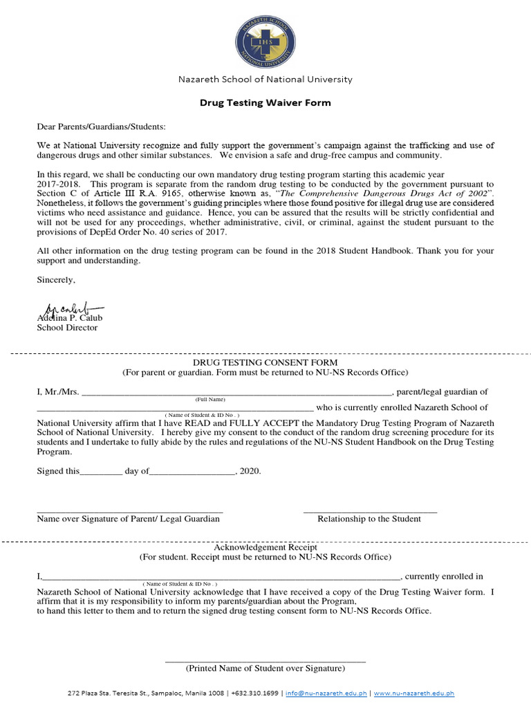 1684320167-0-NUNS Drug Testing Waiver Form | PDF | Consent | Drug Test