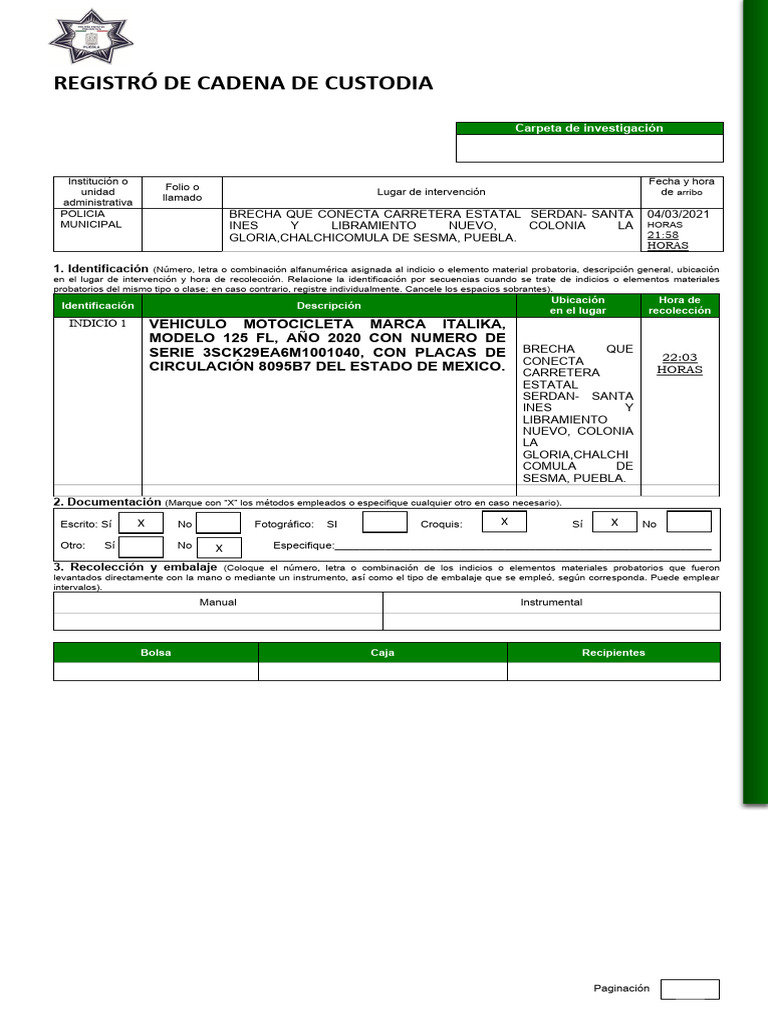 Cadena de Custodia Vehiculo | PDF