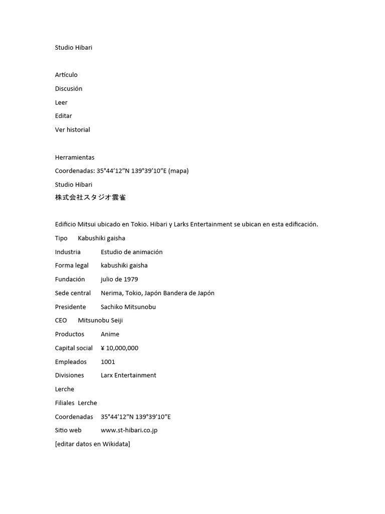 Studio Hibari | PDF | Compañías de anime | Estudios japoneses de animación