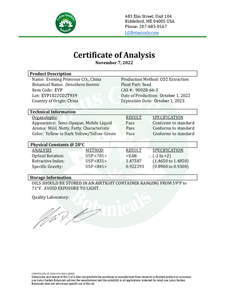 Certificate of Analysis EVENING PRIMROSE CO2 EVP1022CO2T939 | PDF