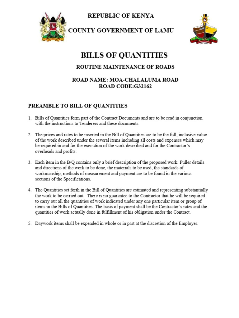 Bill of Quantities Routine Maintenance of Roads | PDF | Drainage | Concrete