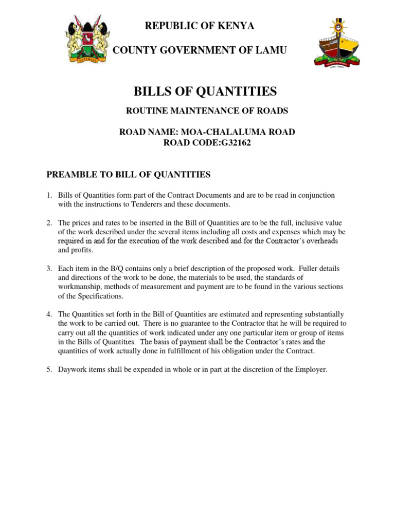 Bill of Quantities for Road Maintenance | PDF | Drainage | Concrete