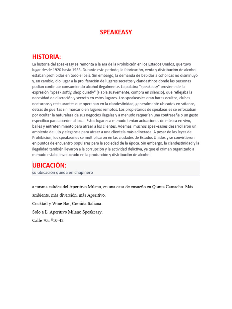 Historia y ubicación del Speakeasy Milano | PDF