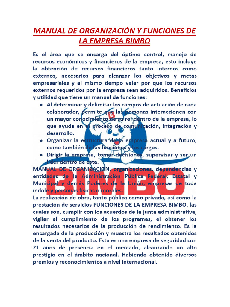 Manual de Organización y Funciones de La Empresa Bimbo | PDF