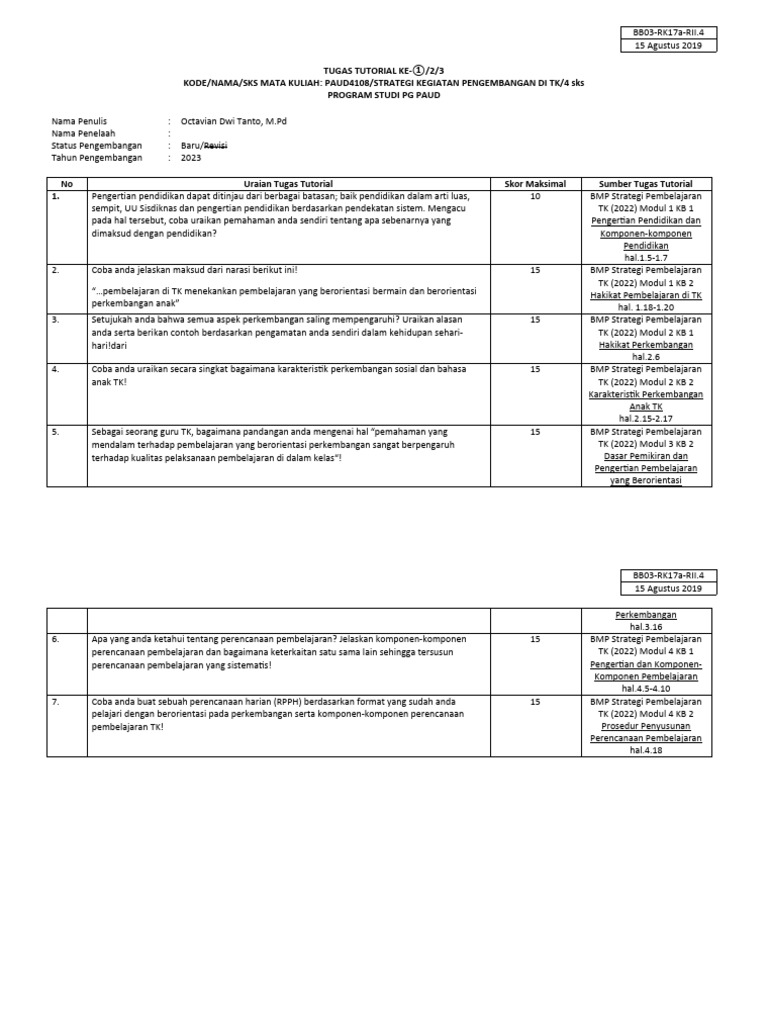 4.1 Uraian Tugas Tutorial (PAUD4108 Strategi Kegiatan Pengembangan Di TK) | PDF