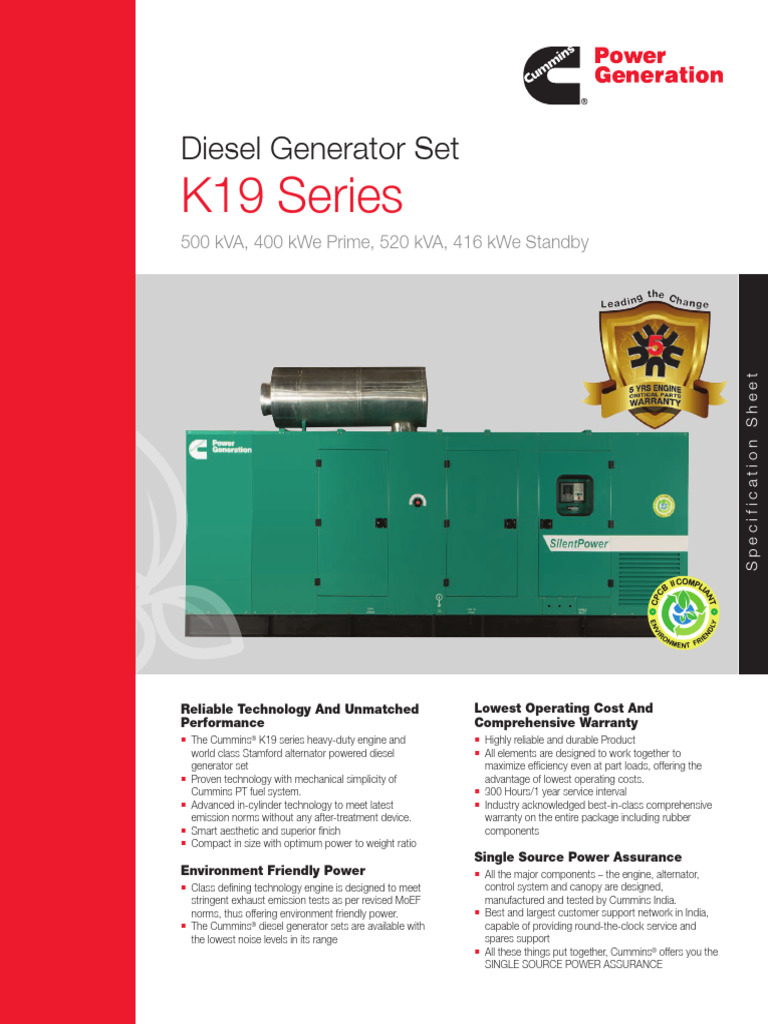K19-500 kVA, 400 Kwe | PDF | Diesel Engine | Cummins