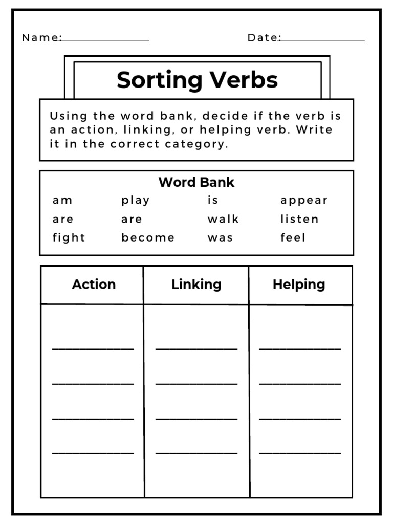 Black and White Simple Sorting Verbs Education Worksheet | PDF