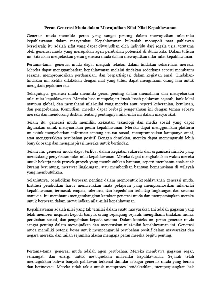 Essay Peran Generasi Muda Dalam Mewujudkan Nilai-Nilai Kepahlawanan | PDF