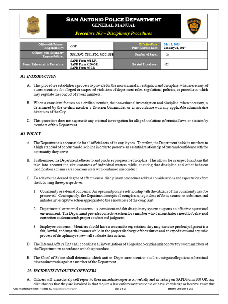 SAPD Disciplinary Procedures | PDF | Complaint | Police