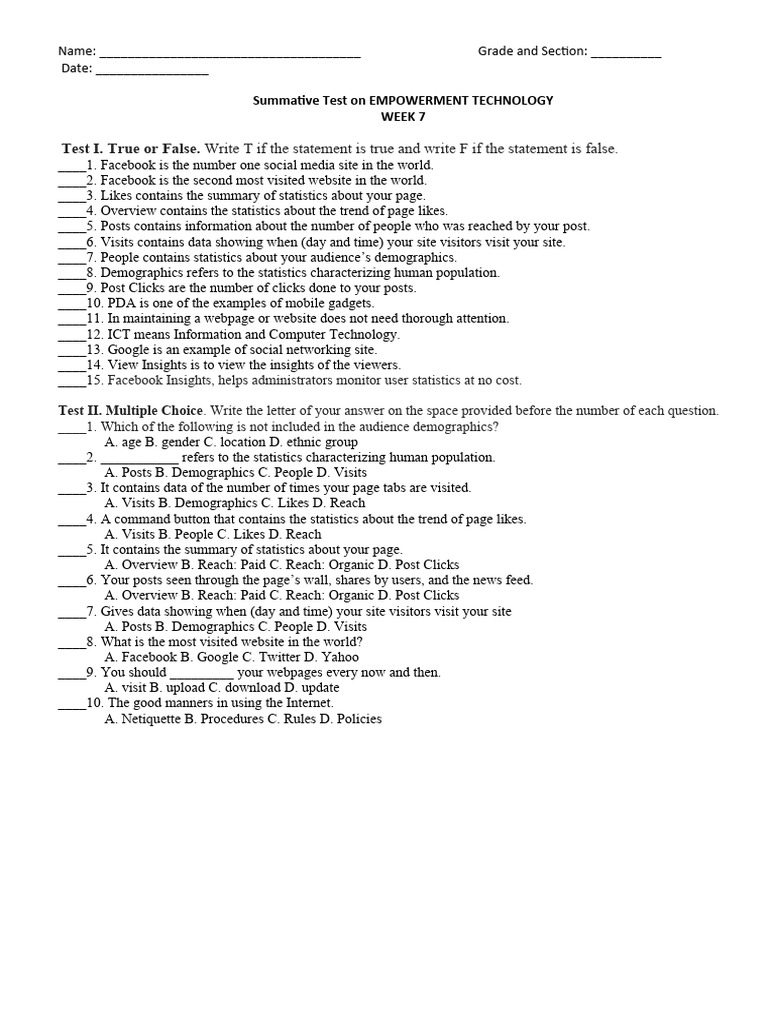 Summative Test On EMPOWERMENT TECHNOLOGY Week 7 | PDF | Facebook | Websites