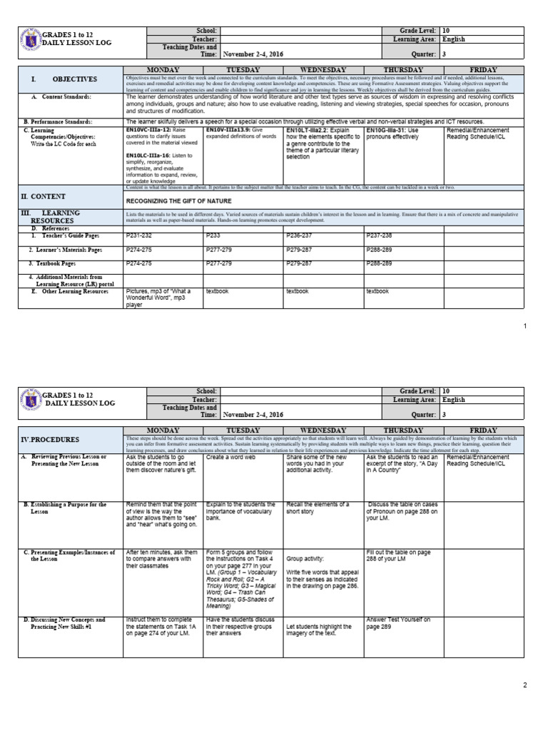 Grade 10 English Lesson Plan | PDF | Learning | Curriculum