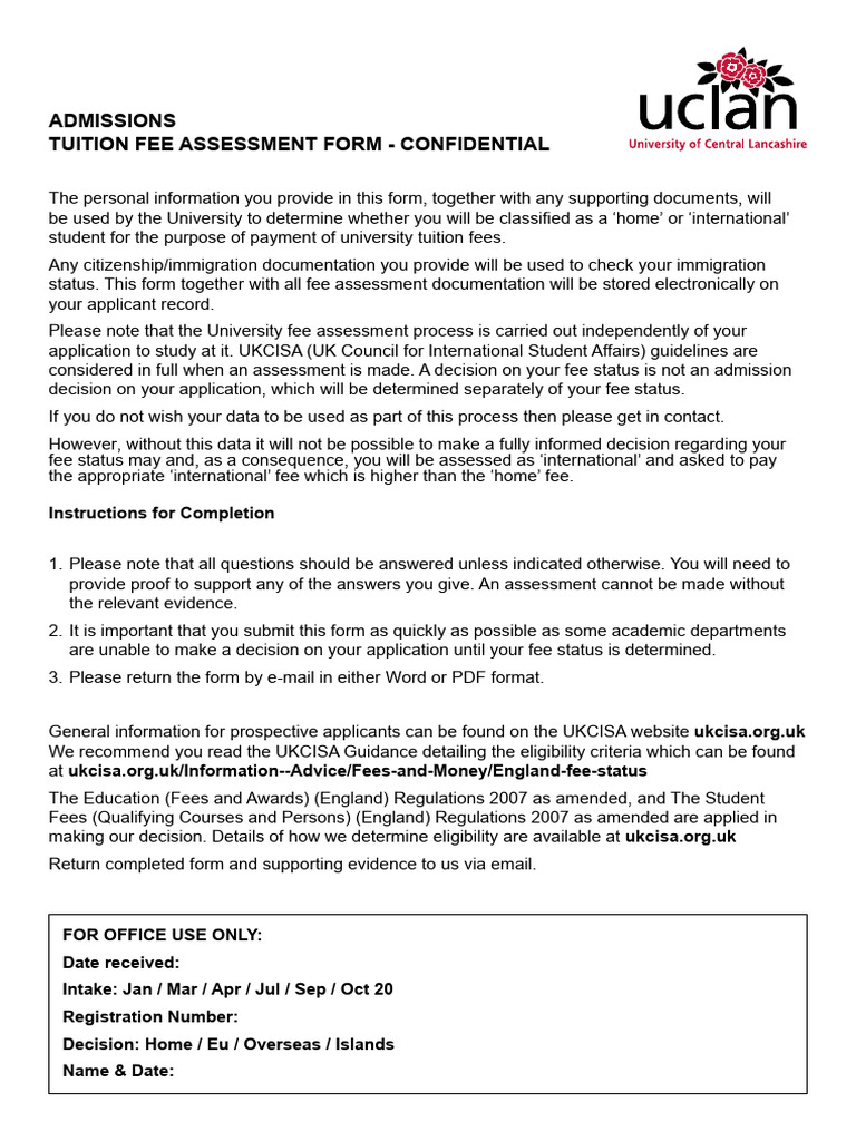 Tuition Fee Assessment Form | PDF | Passport | Asylum Seeker