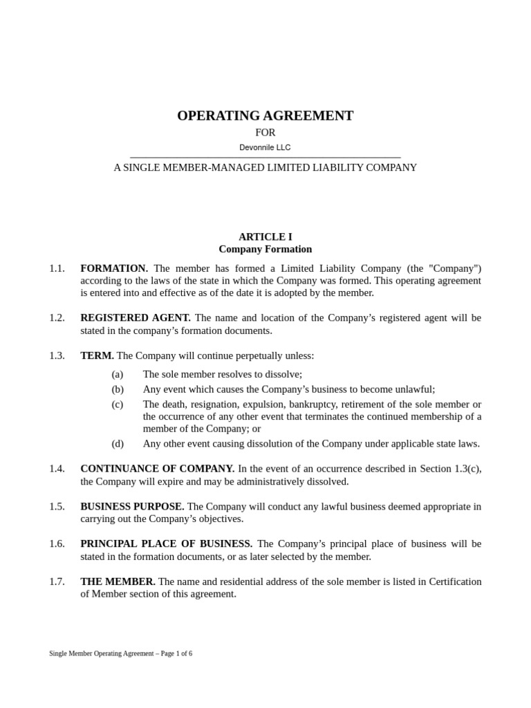 Free Basic Operating Agreement - LLC Single Member - Devonnile LLC ...