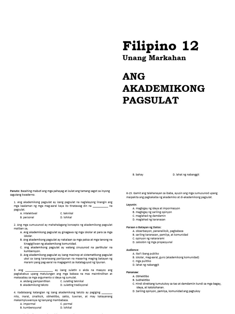 Filipino 12 Pretest | PDF