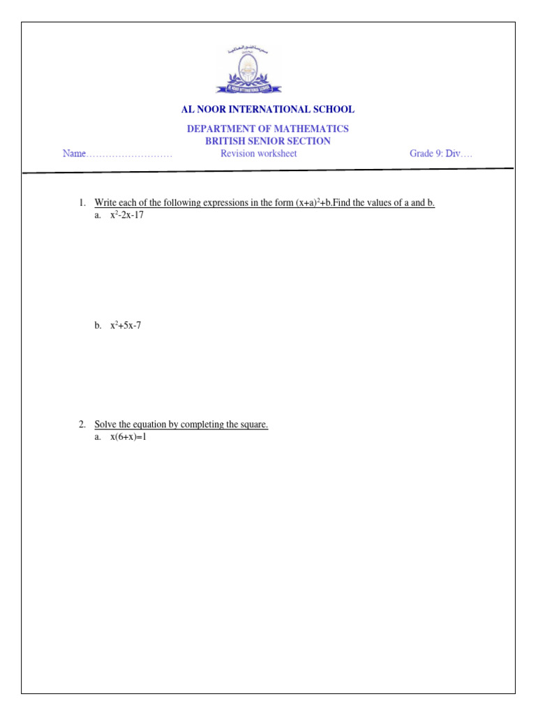 Algebra Worksheet | PDF