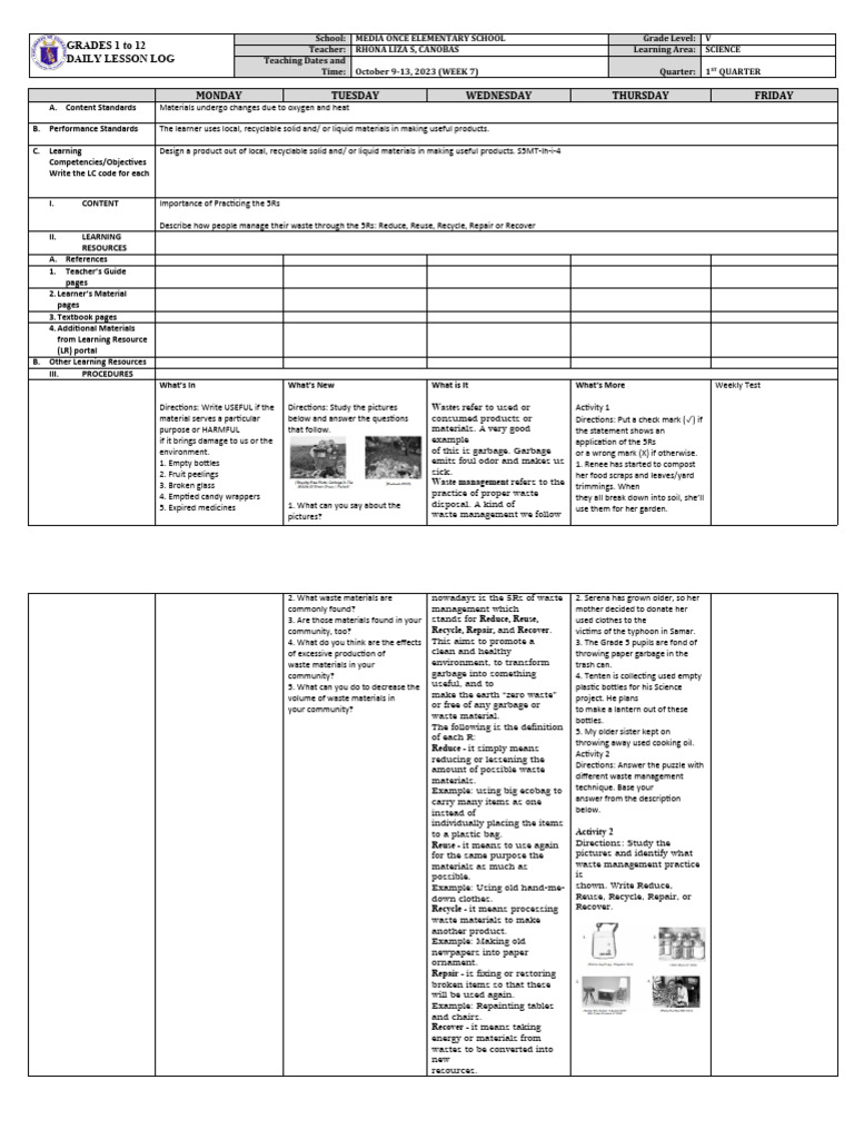 DLL - Science 5 - Q1 - W6 | PDF | Waste | Waste Management