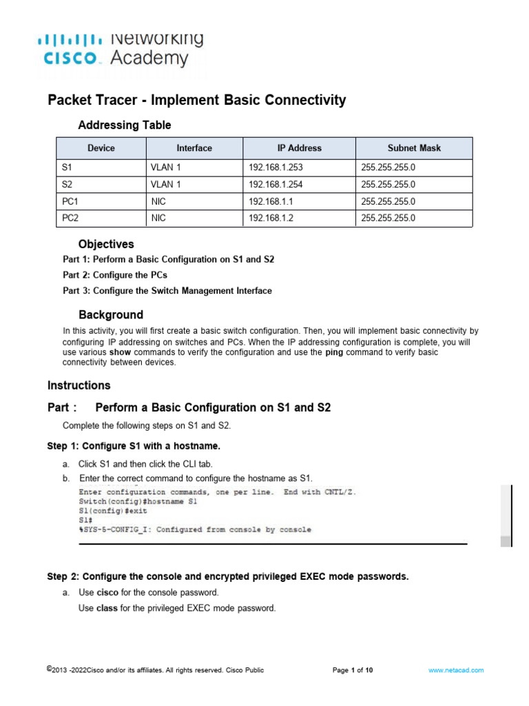 2.7.6 Packet Tracer Implement Basic Connectivity | PDF | Network Switch | Router (Computing)