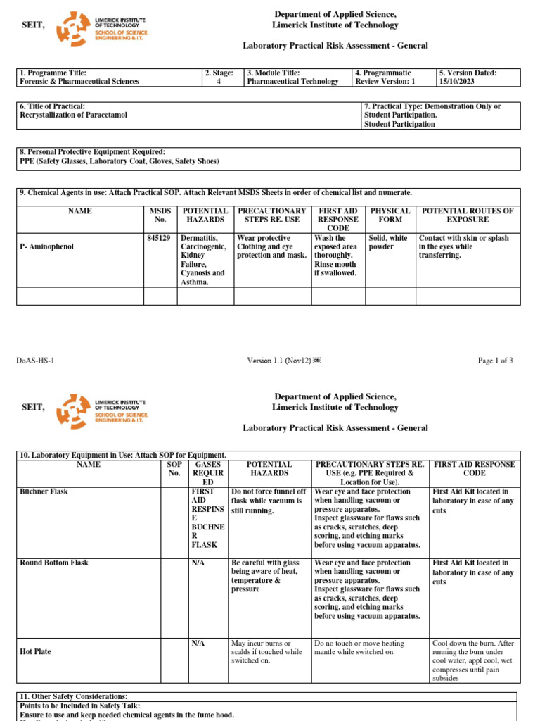 Risk Assessment Recrystallization 1.1 | PDF | Personal Protective ...