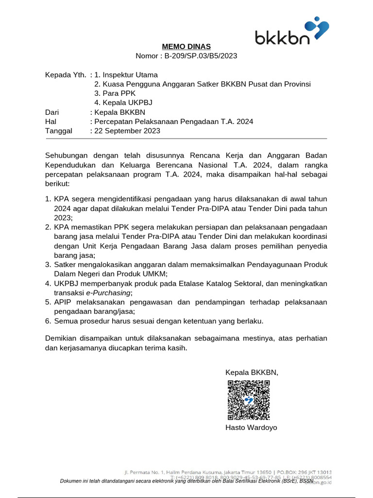 Memo Dinas Percepatan Pelaksanaan Pengadaan | PDF