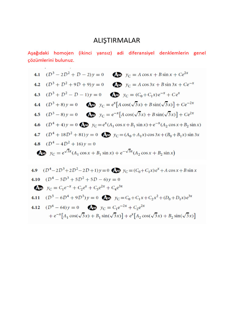 Diferansiyel Denklemler Alıştırmaları - 2 | PDF