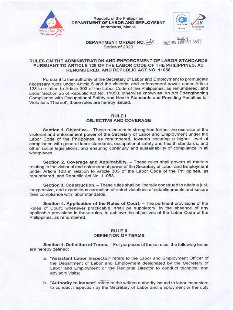 DO 238 23 Rules On The Administration and Enforcement of Labor ...