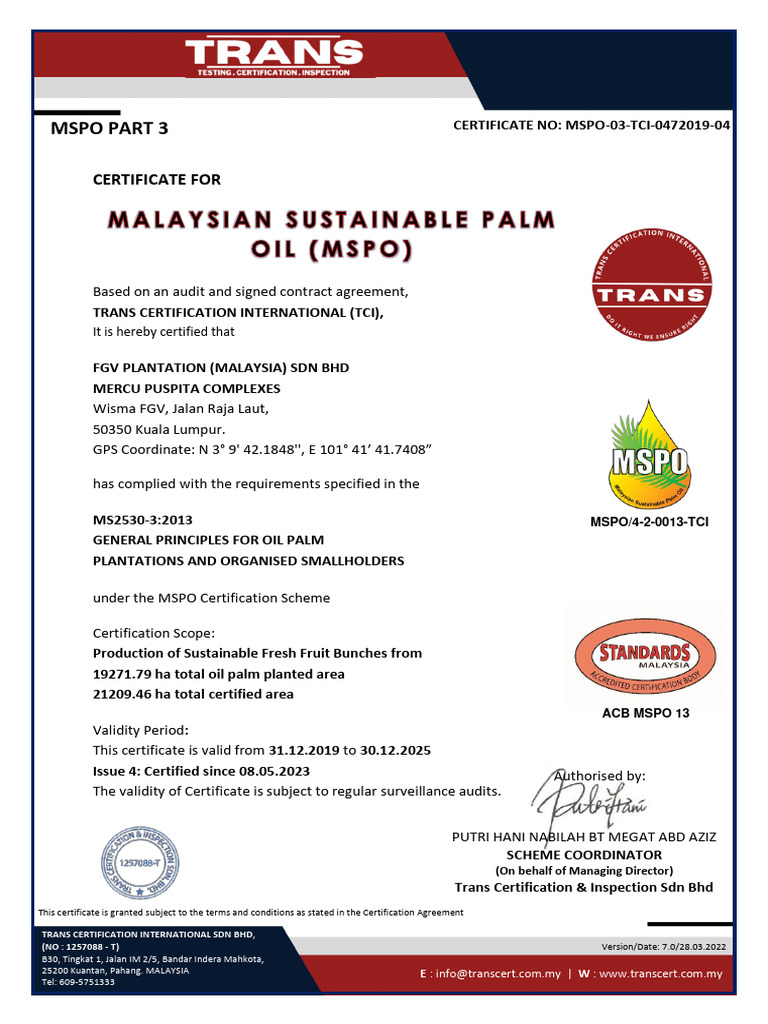 MSPO Certification for FGV Plantation | PDF