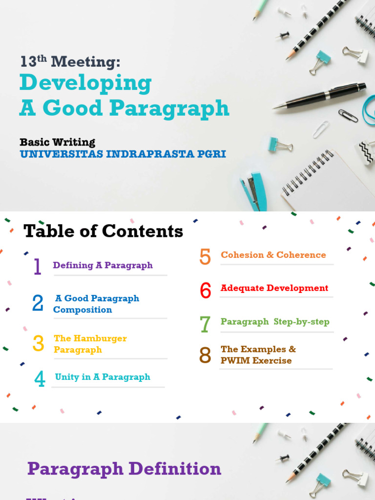 13th Meeting Developing A Good Paragraph | PDF | Paragraph | Sentence ...