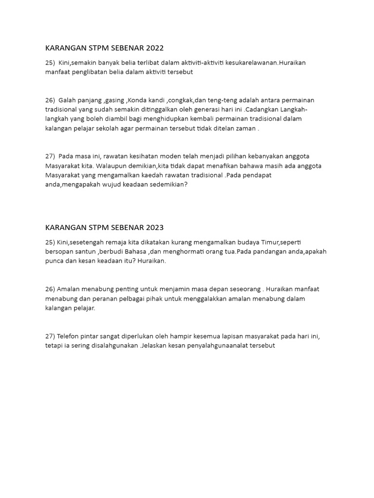 Soalan Karangan STPM Sebenar 2022&2023 | PDF