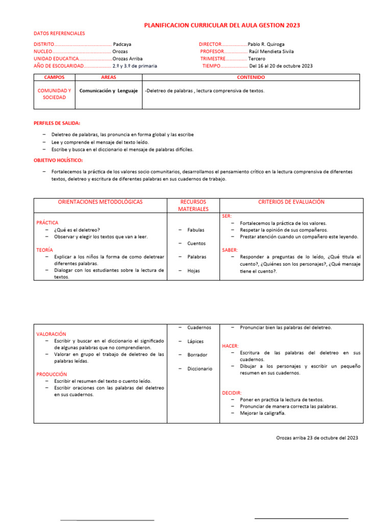 Planificacion Curricular Del Aula Gestion 2023 Lenguaje FFFFFFF | PDF | Comunicación humana ...