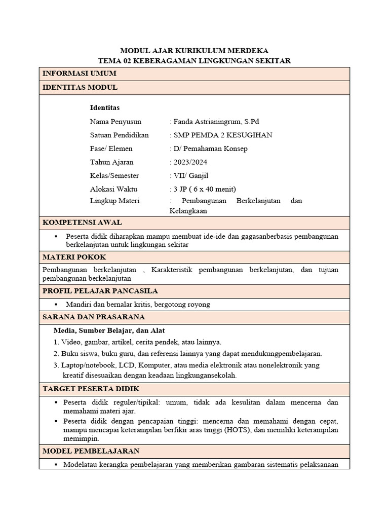 Modul Ajar Ips 7 Tema 02 C. Pembangunan Berkelanjutan Dan Kelangkaan | PDF