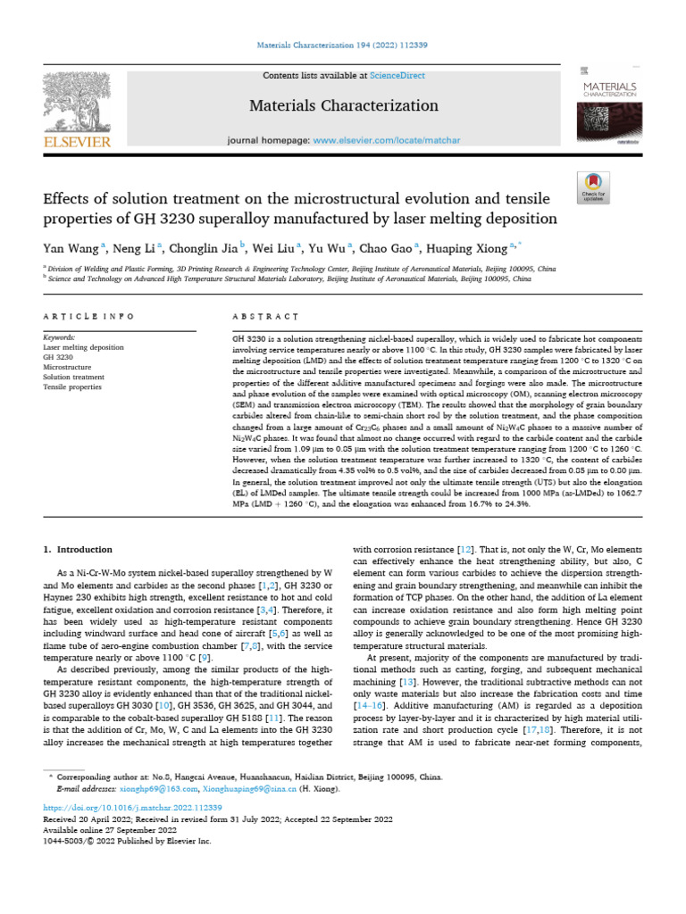 Y. Wang, H. Xiong, Effects of Solution Heat Treatment On The ...