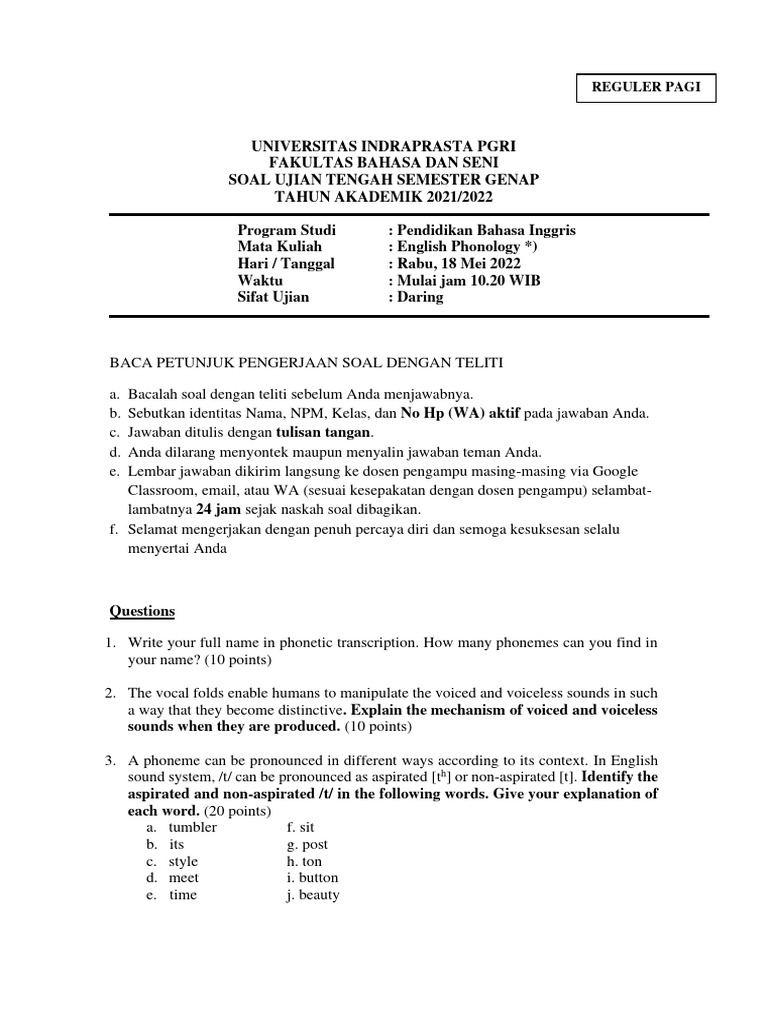 Soal Uts English Phonology 2022 - Reguler Pagi | PDF | Phonetics | Linguistics
