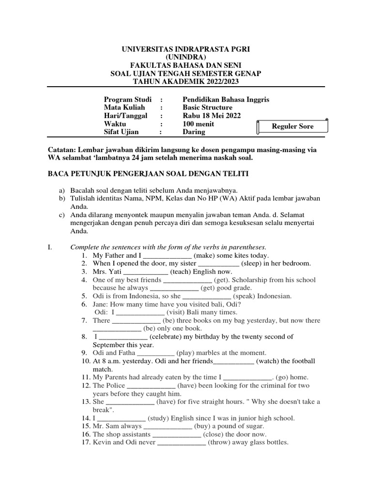 UTS Basic Sructure Genap Sore Mei 2022 | PDF | Grammar | Linguistics