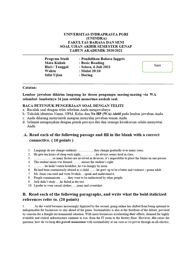 UAS Basic Reading 20-21 - SORE | PDF | Games & Activities