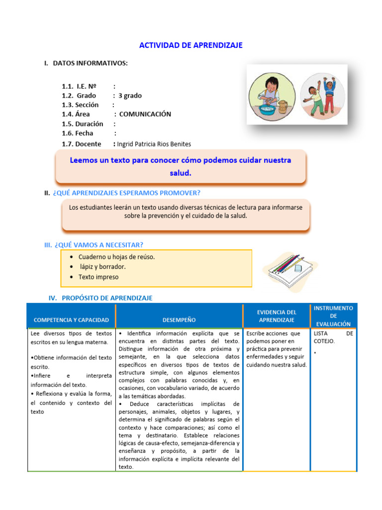 Actividad de Lectura sobre Salud 3° Grado | PDF | Evaluación | Cognición