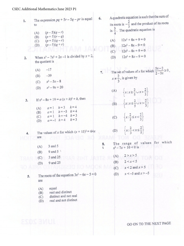CSEC Additional Mathematics June 2023 P1 | PDF