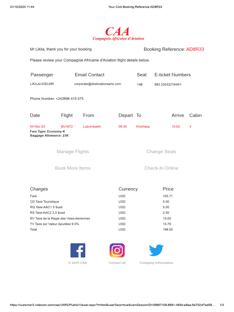CAA Flight Booking Confirmation AD8R33 | PDF | Transport Companies ...