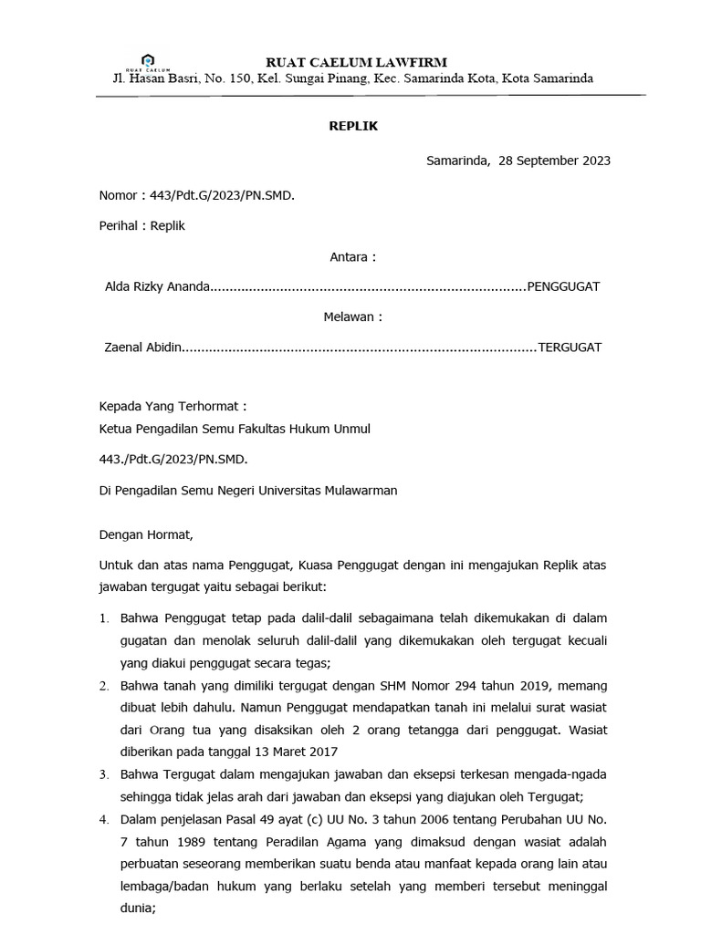 Replik Perdata | PDF