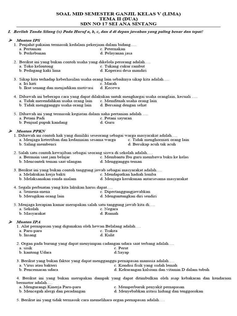 Soal Mid Semester Kelas V SD | PDF | Seni & Disiplin Bahasa