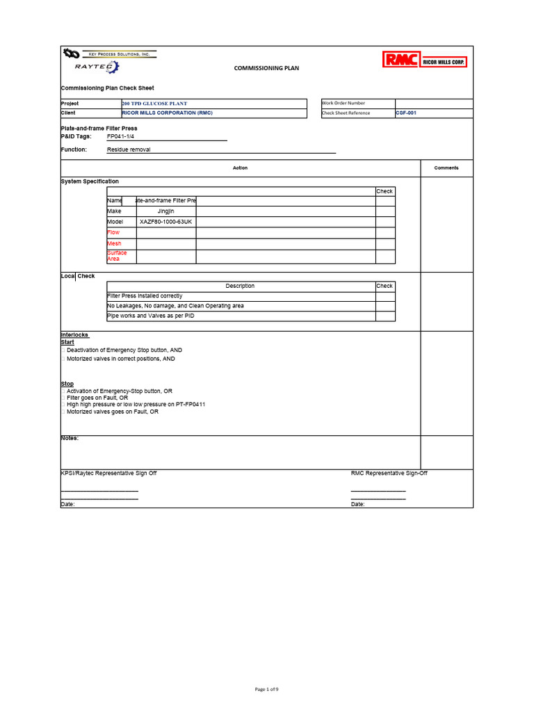 Glucose Plant Commissioning Check Sheet | PDF | Valve | Filtration