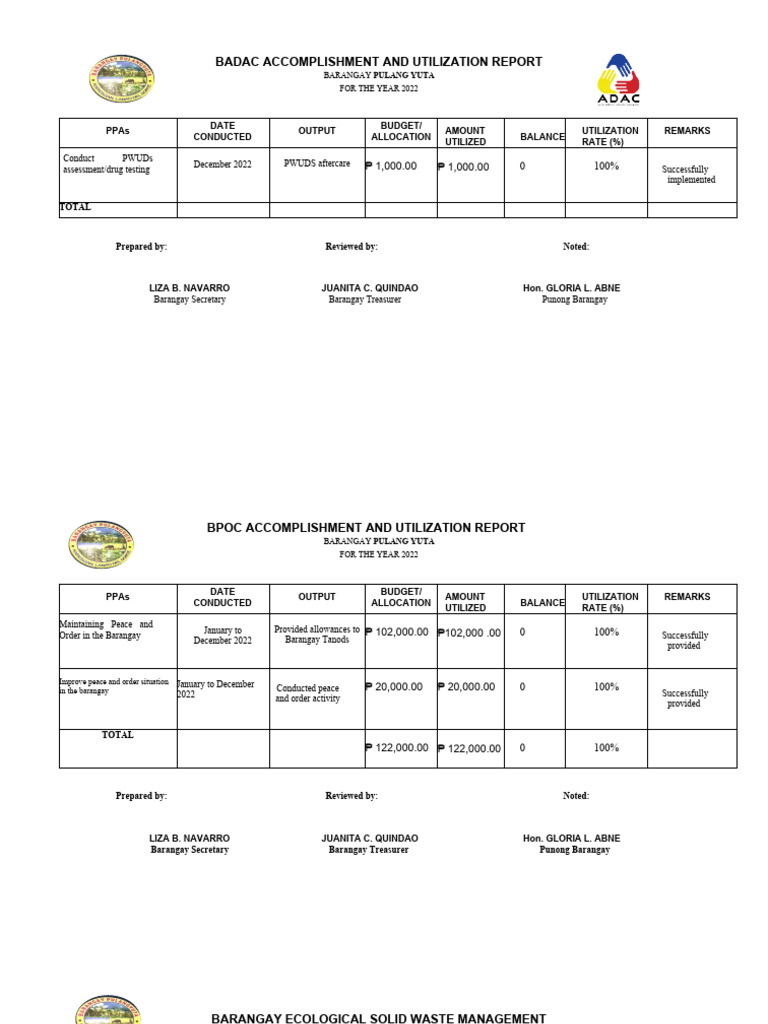 Badac Accomplishment and Utilization Report Durano | PDF