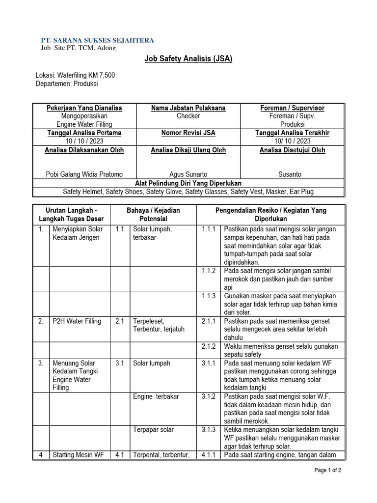 15. JSA Mengoperasikan Genset | PDF