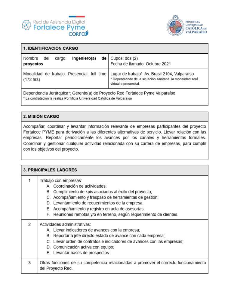 Perfil de Cargo Ingeniero A de Proyectos | PDF | Pequeñas y medianas empresas | Business